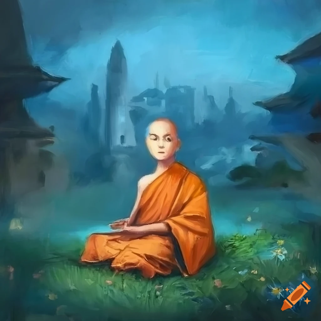 Buddhist monk meditating in a psychedelic environment on Craiyon