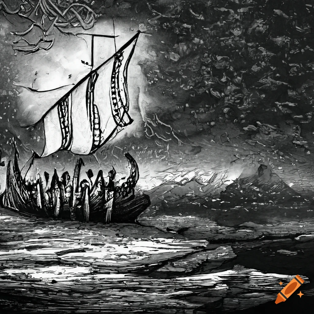 Black and white ink drawing of a viking ship wrecked on a desolate ...