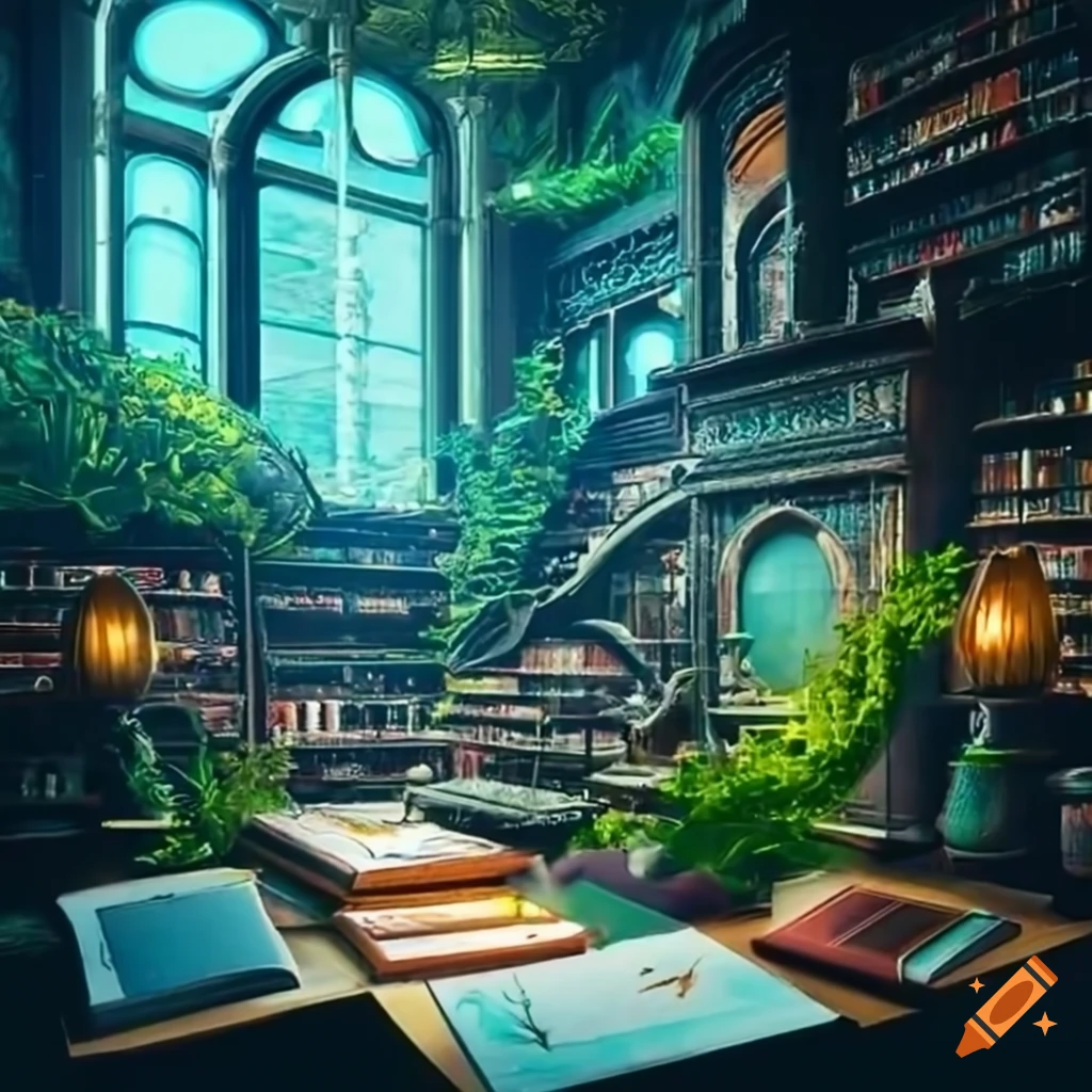 Image of a magical library with a garden and a dragon on Craiyon