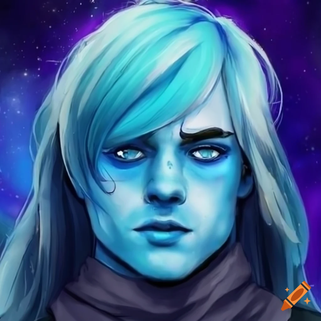 Artwork of a blue-skinned space character with long hair and shiny eyes ...