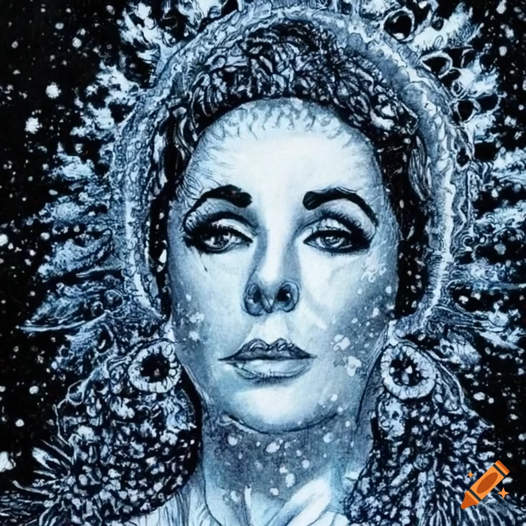 Ink pen drawing of a goddess in a snowy night on Craiyon