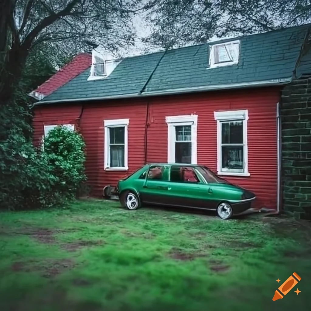 Red brick house with a Volkswagen Vento in the front yard on Craiyon