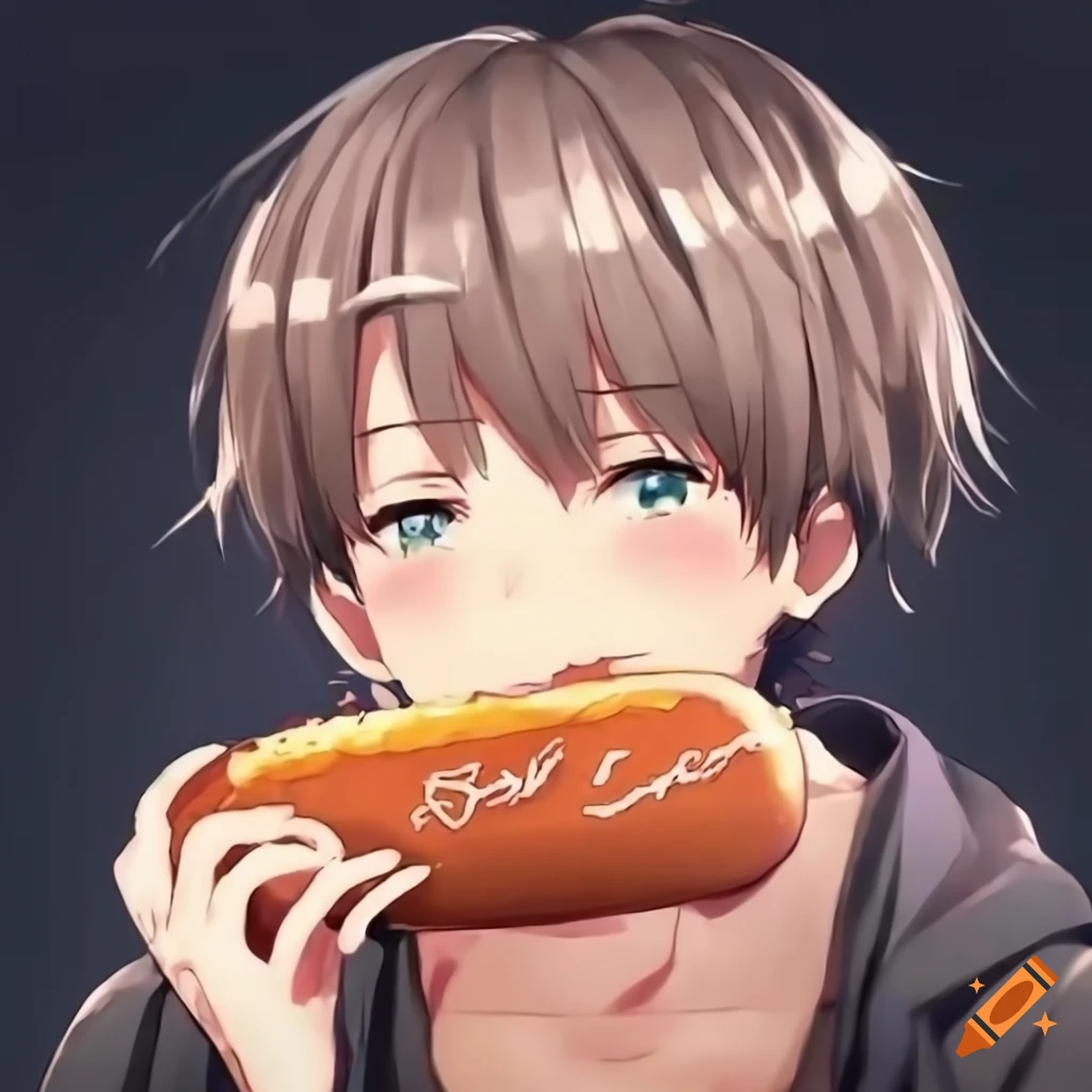Detailed image of an anime boy eating a hotdog