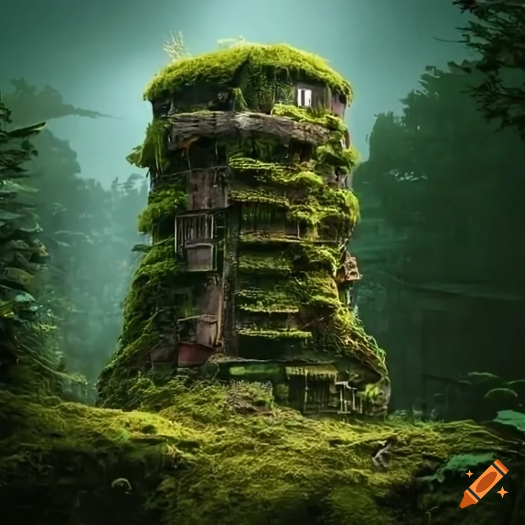 Moss-covered building resembling a huge anthill on Craiyon