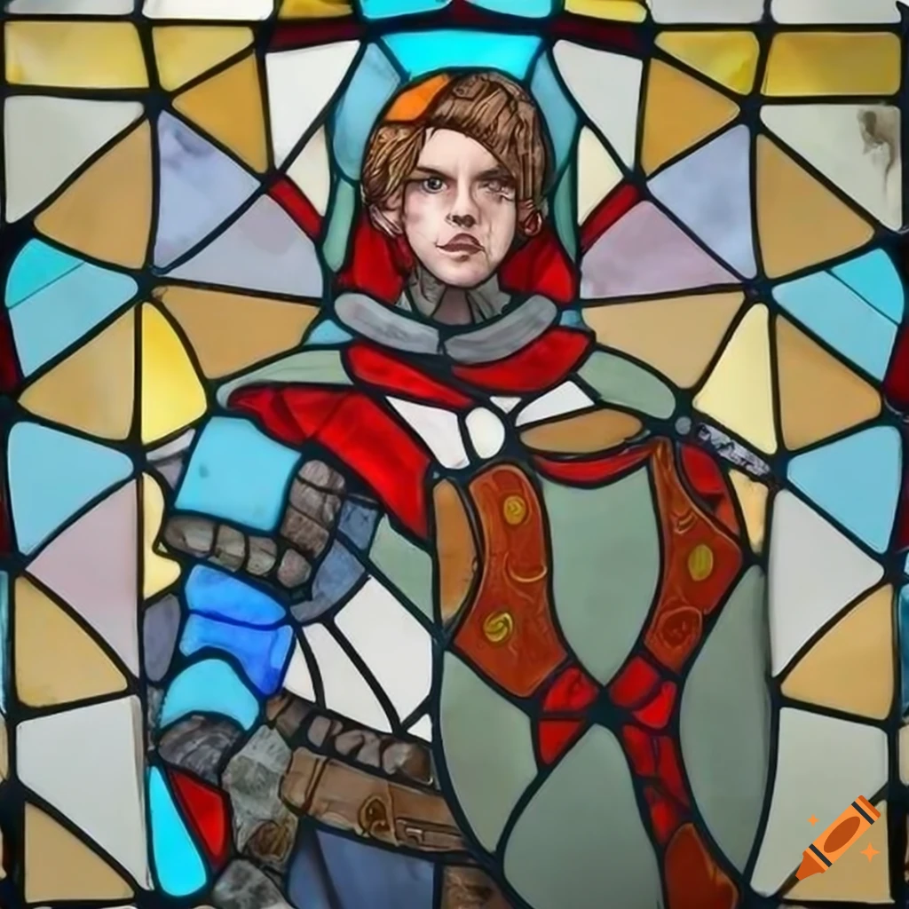 Stained glass art of a heroic figure with sword and shield on Craiyon