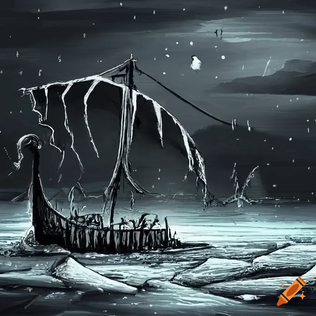 Ink drawing of a viking ship in stormy seas on Craiyon