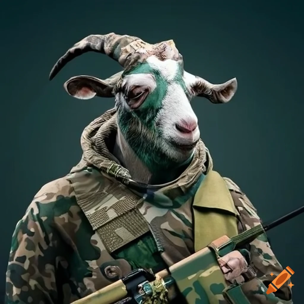Man with a goat's head wearing camo hunting gear on Craiyon