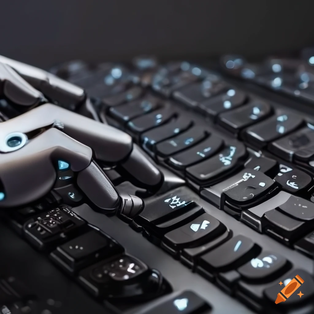 Side view of a metallic robot hand typing on a black keyboard