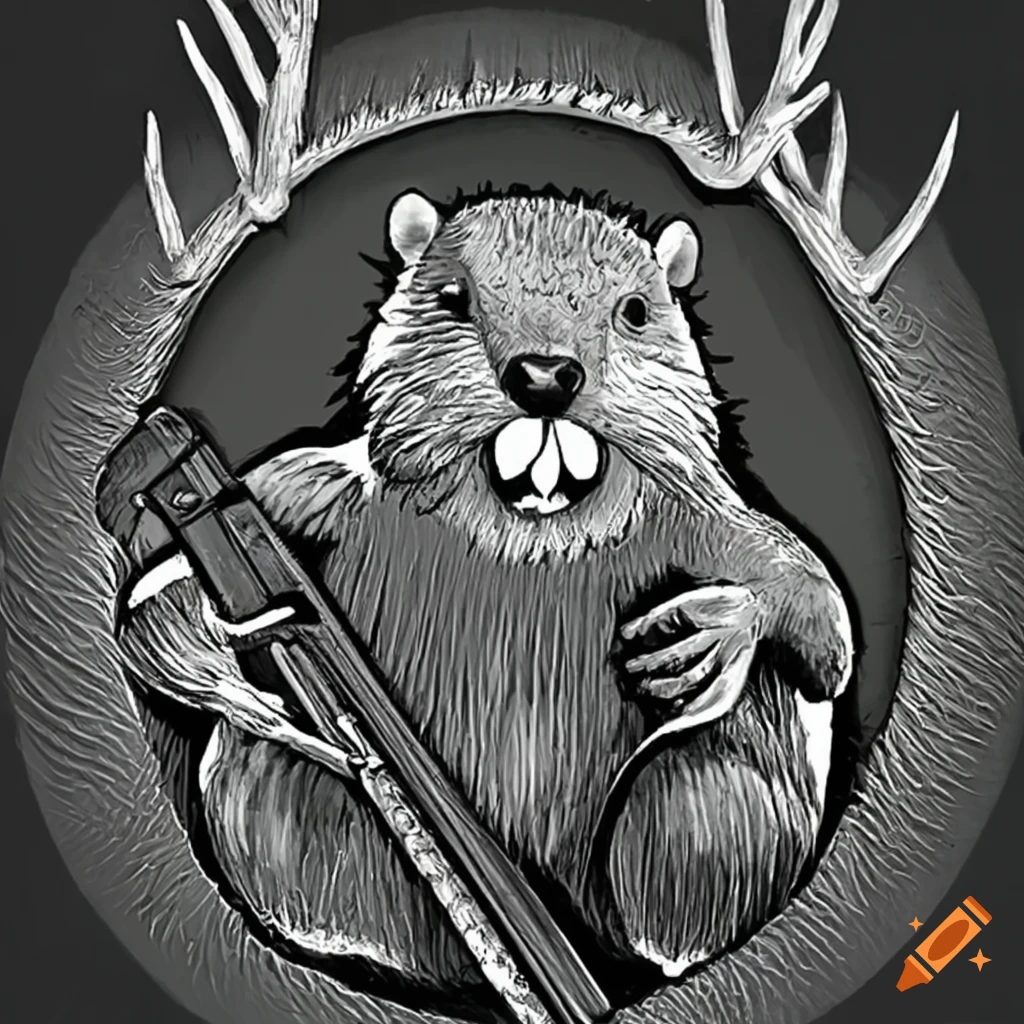 Humorous illustration of a beaver with antlers and shotgun on Craiyon