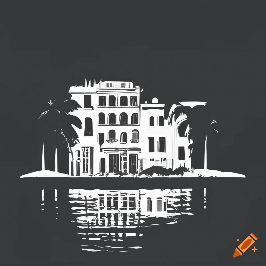 Minimalistic pencil drawing of french riviera houses and palm trees on ...