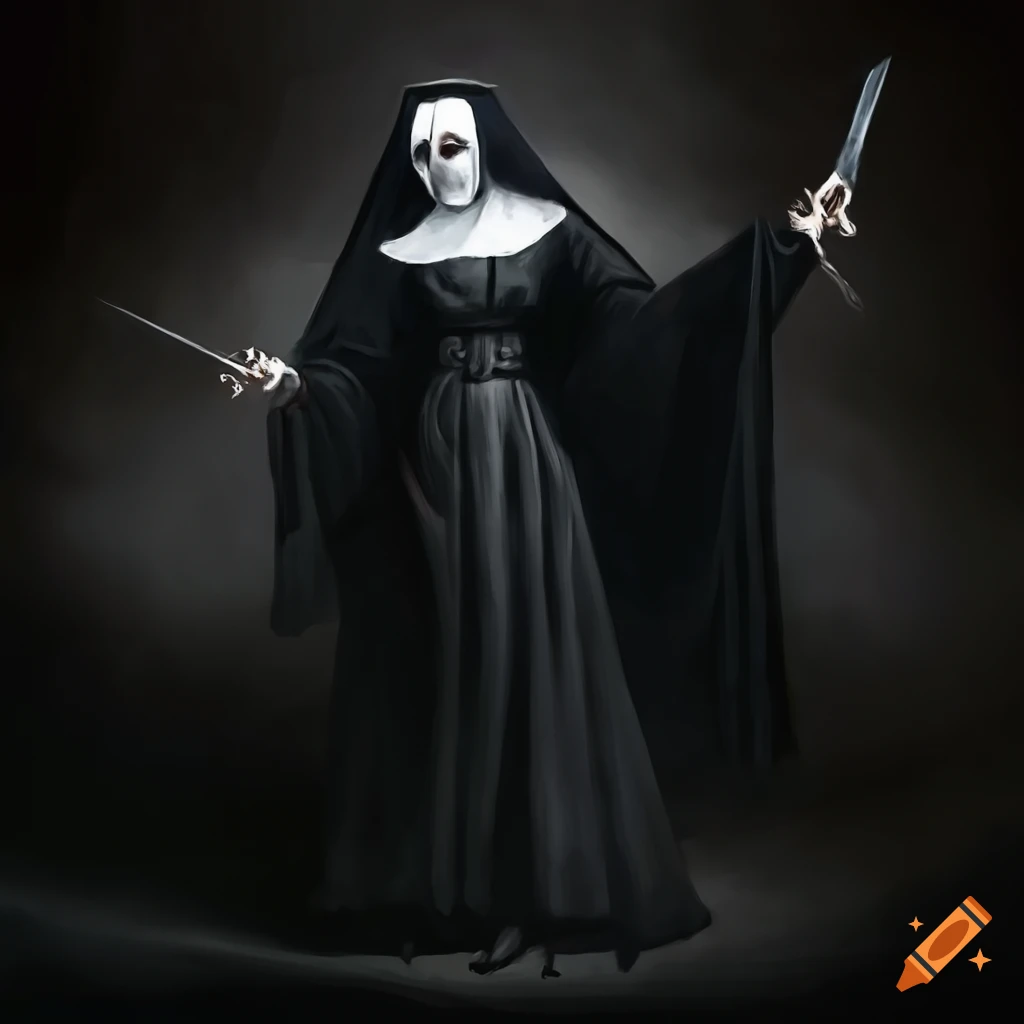 Print of a gothic nun battling beasts with a sword