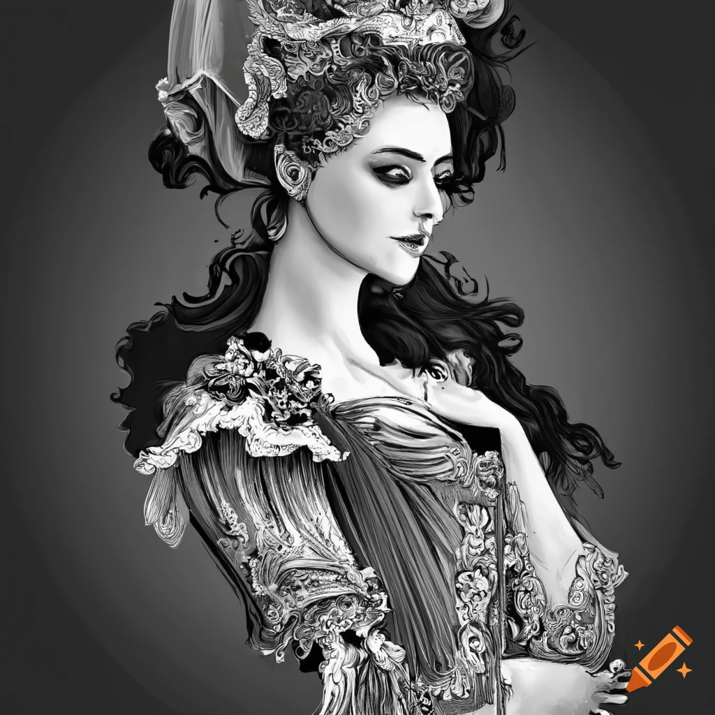 Black and white illustration of an elegant woman in rococo attire on ...