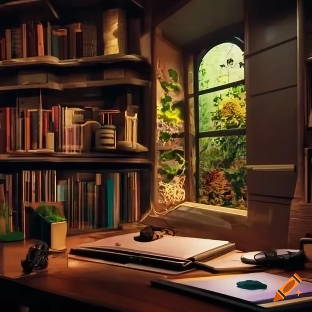 Image of a magical study library with a vibrant garden