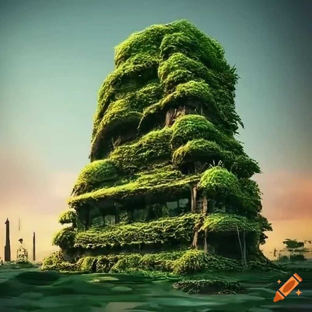 Skyscraper covered in moss on Craiyon