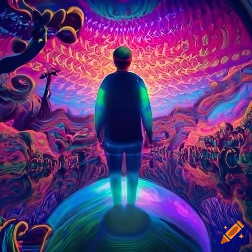 Vibrant psychedelic spacescape with a man exploring on Craiyon