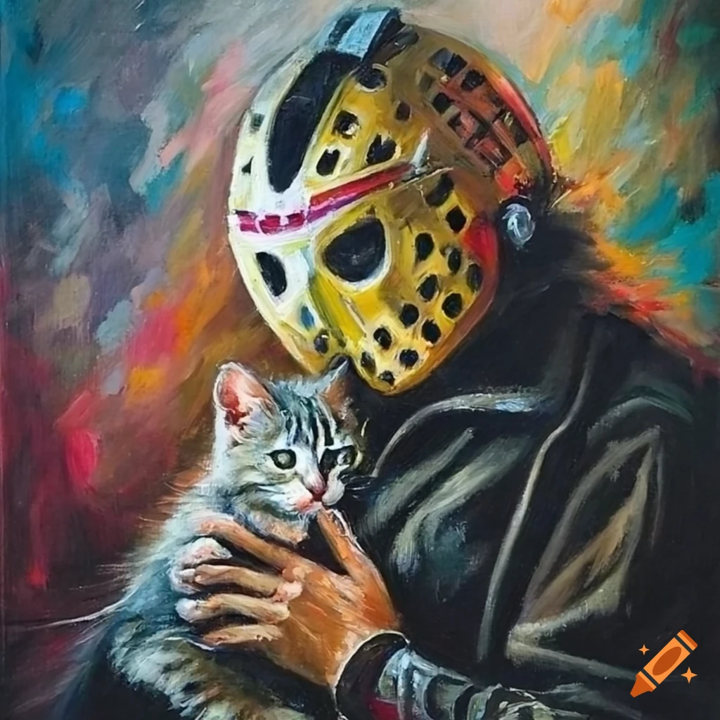 Oil painting of a kitten wearing a jason mask on Craiyon
