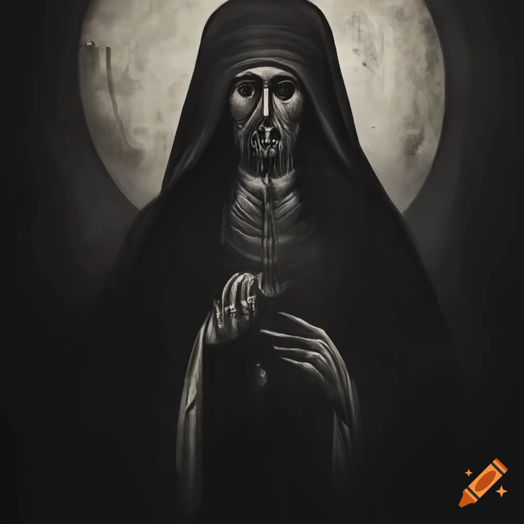 Dark eerie print of orthodox christian iconography and mythical beasts ...