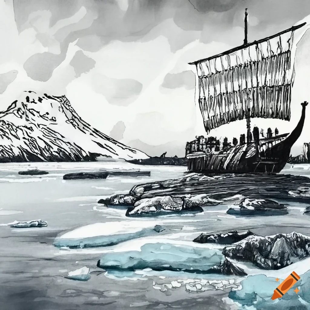 Black and white ink drawing of a viking ship wrecked on an island on ...