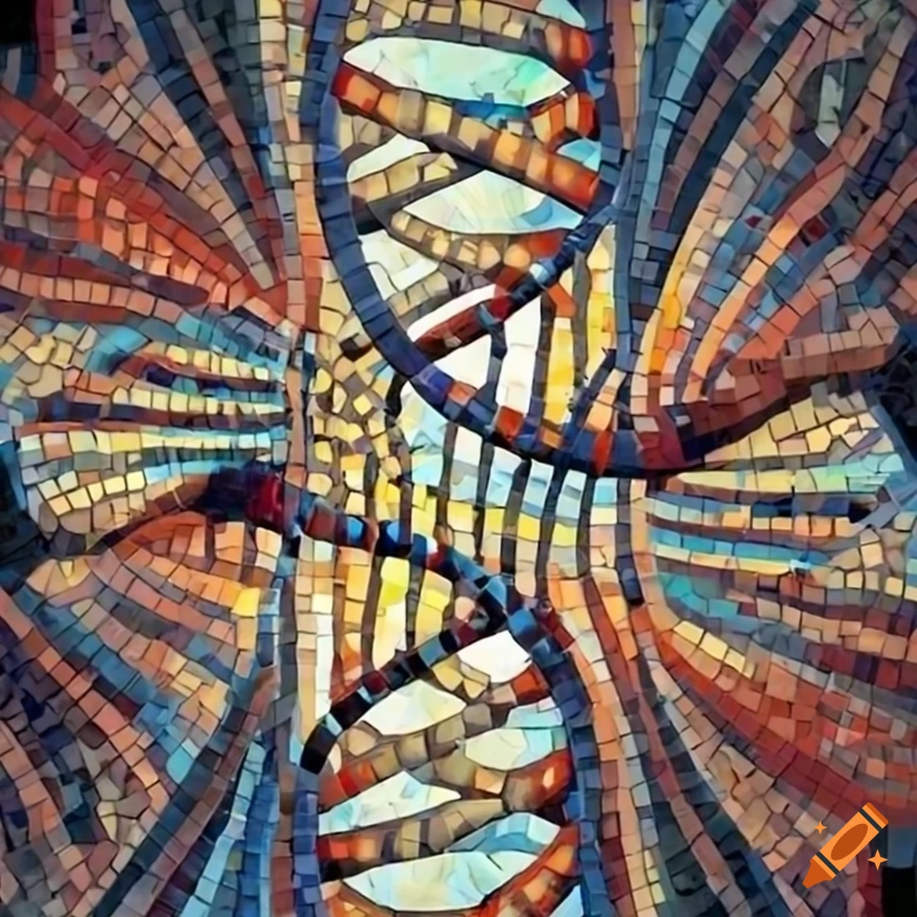 Mosaic art of hands holding a dna double helix on Craiyon