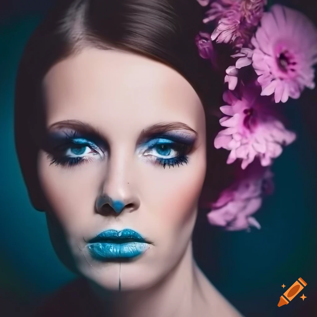 60s female model with blue eyeshadow and surrounded by flowers