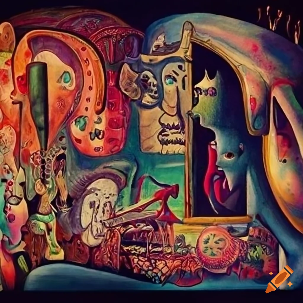 Surrealist drawing with various motifs and creatures on Craiyon