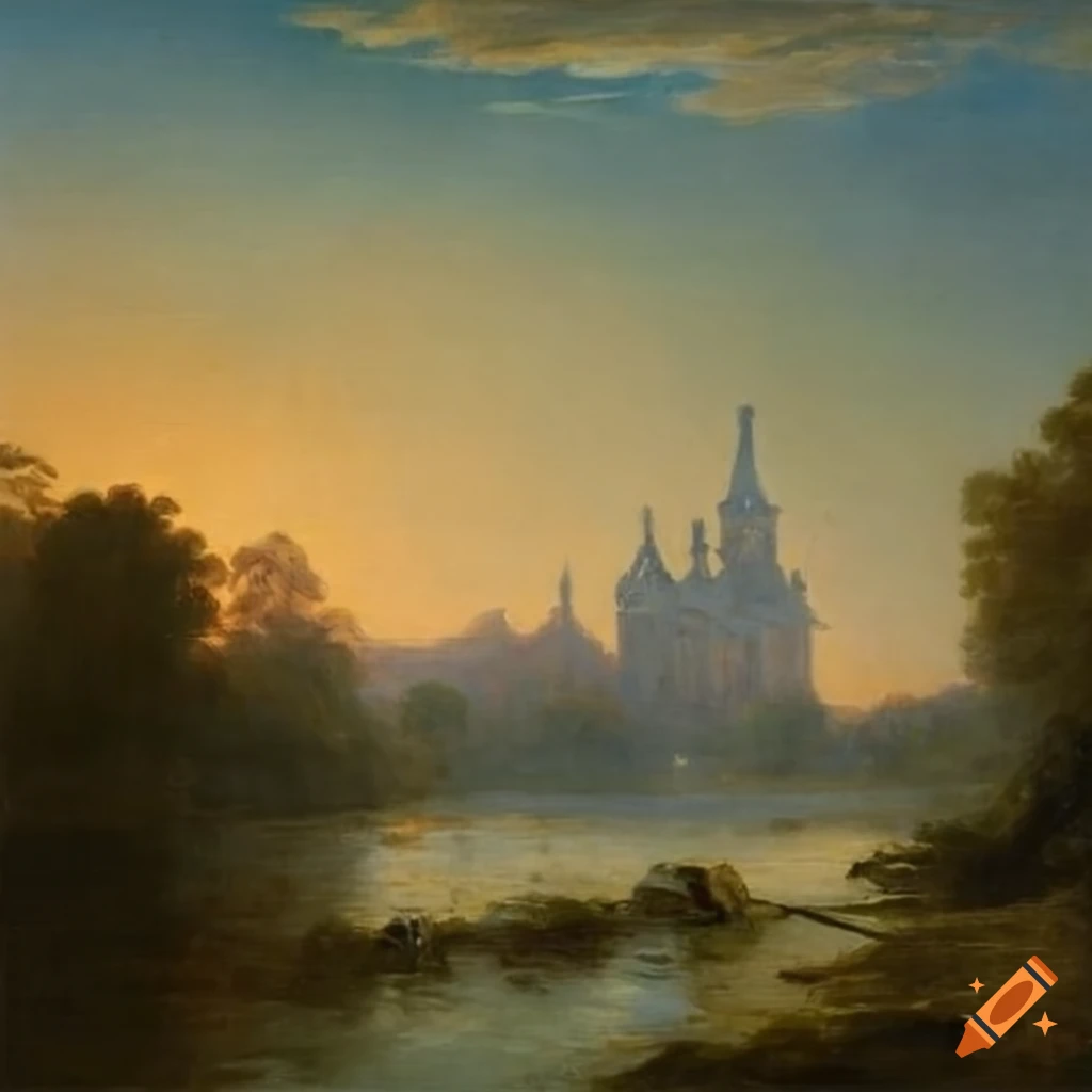 Neoclassical landscape painting with a house near a fountain on Craiyon