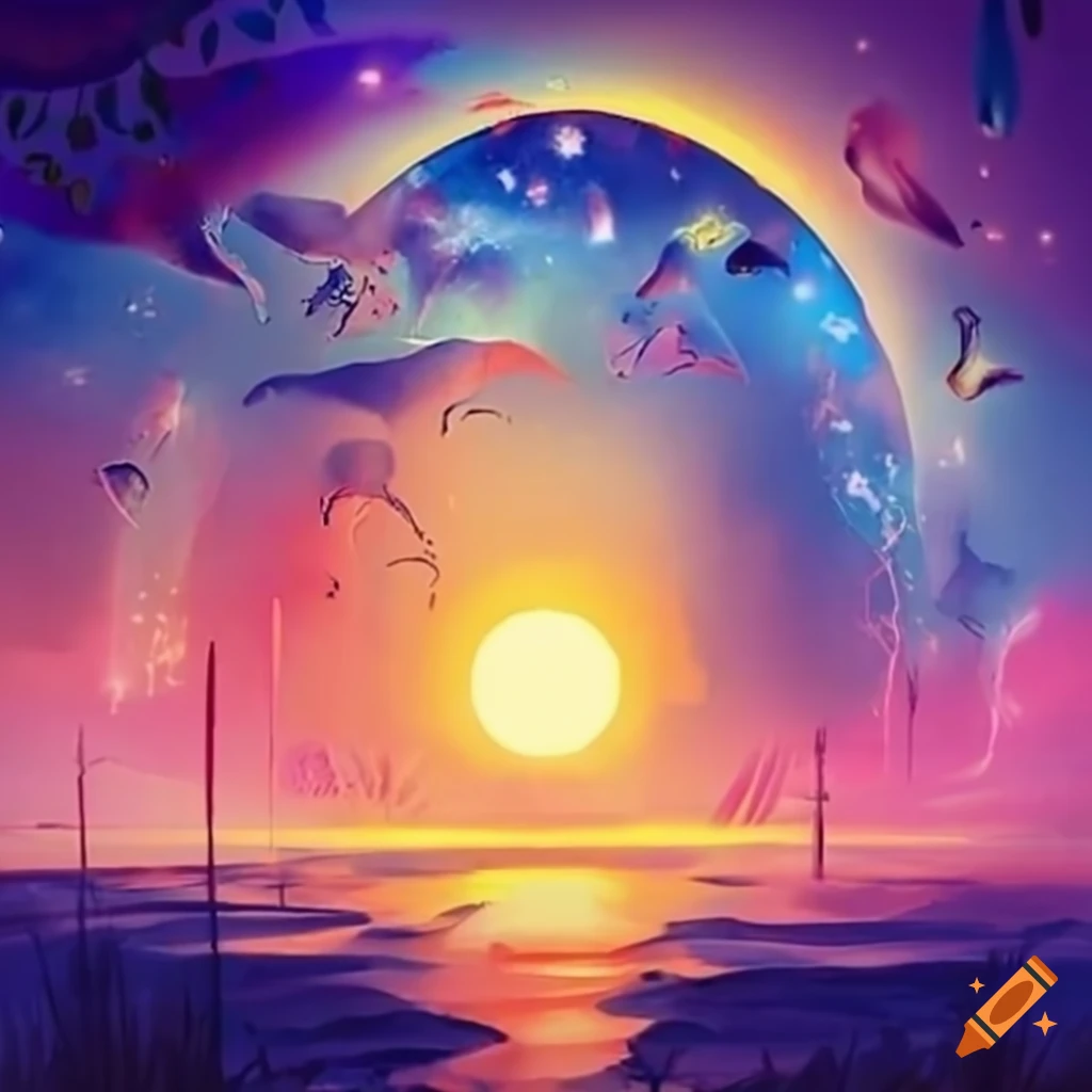 Abstract painting of ipanema beach bar under a big moon and stars on ...