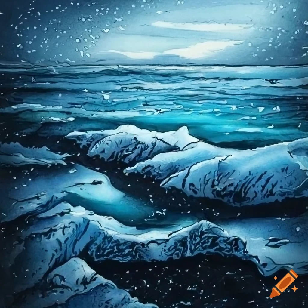 Ink pen drawing of an island in a stormy sea