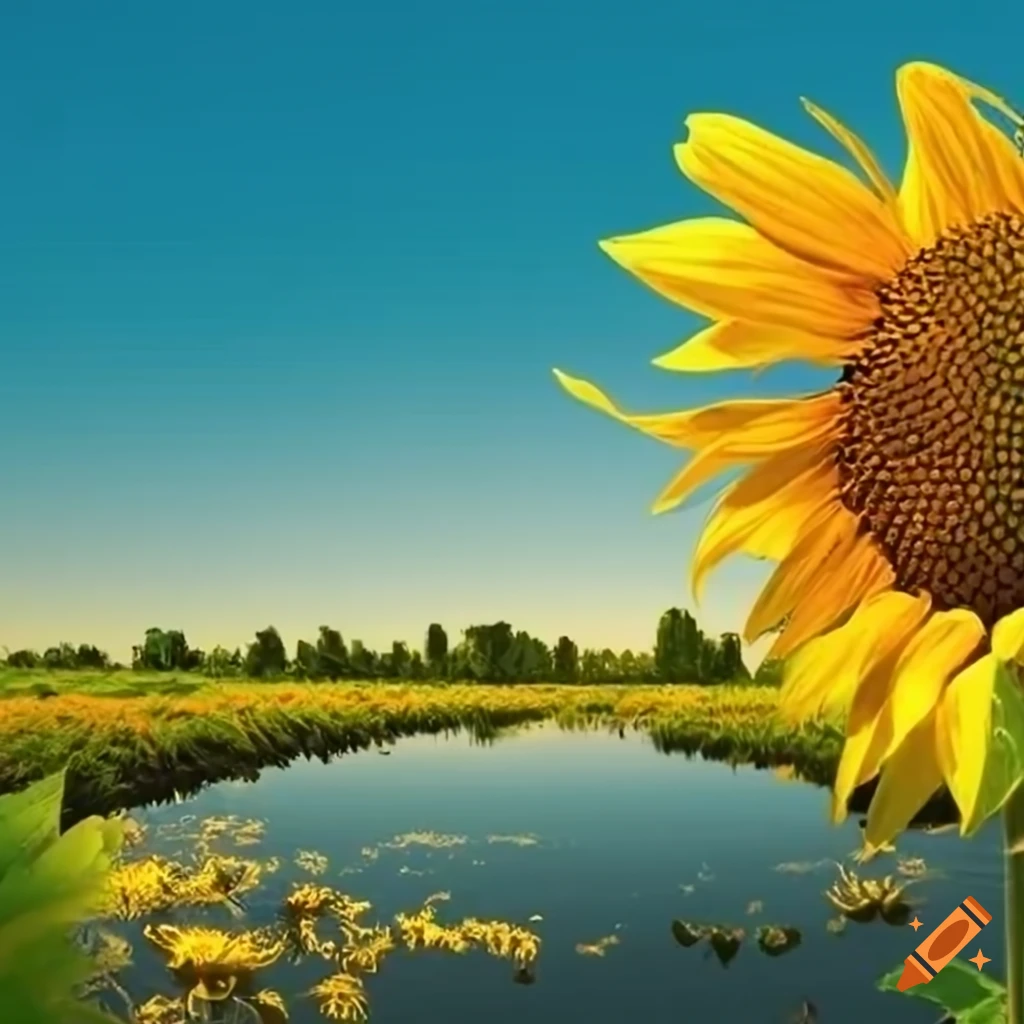 Beautiful meadow with sunflowers and a stream on Craiyon