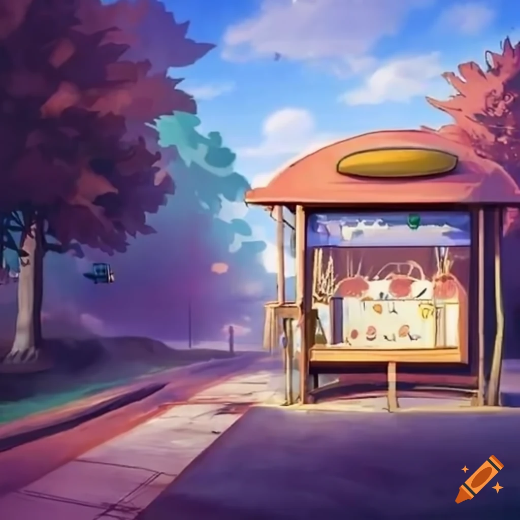 Ghibli-style illustration of a bus stop on Craiyon