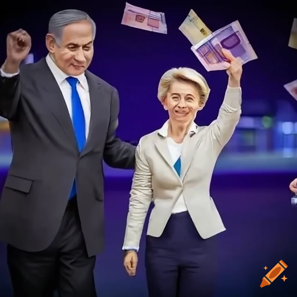 Satirical image of Ursula von der Leyen and Benjamin Netanyahu dancing ...