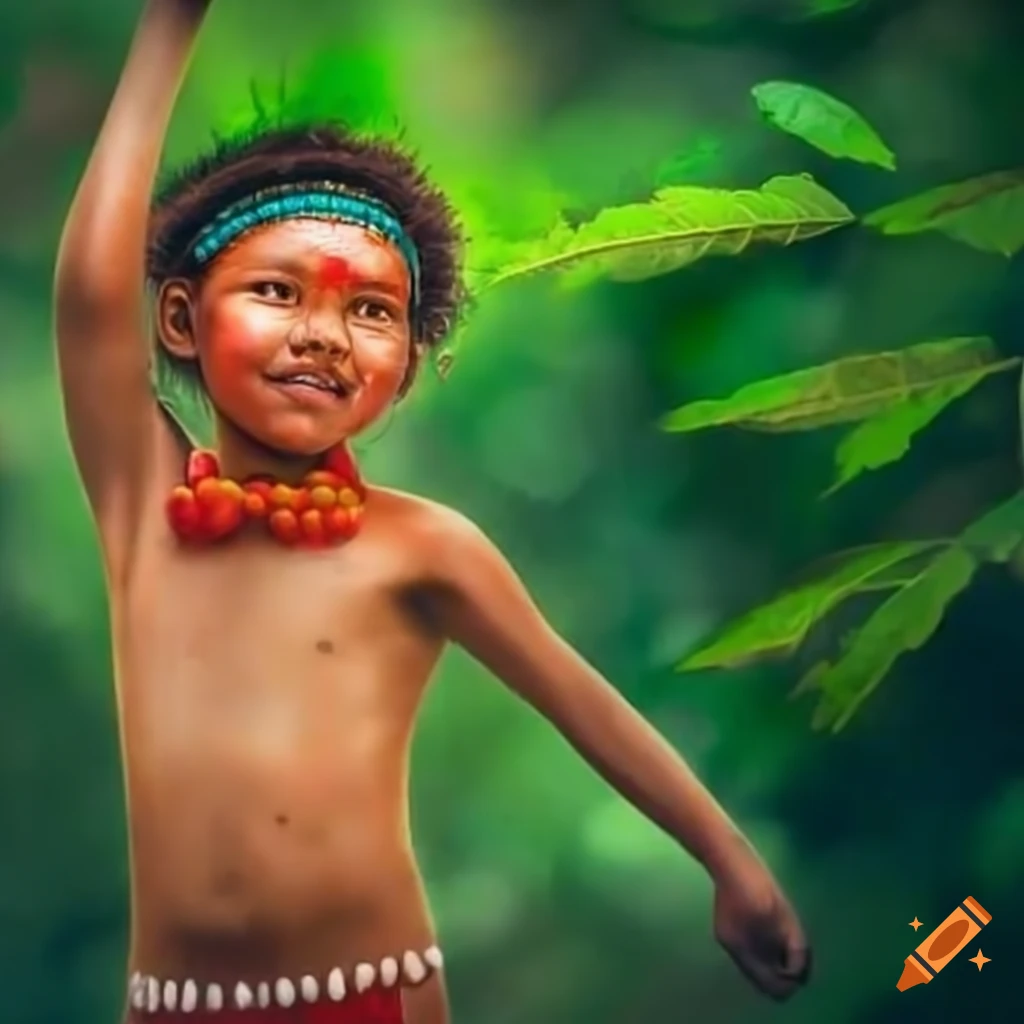 Drawing of a boy collecting fruits in the rainforest on Craiyon