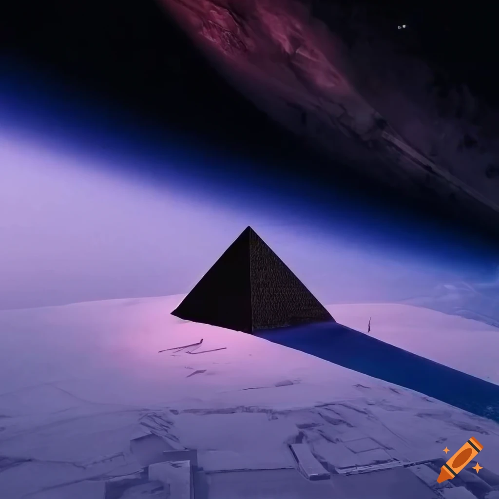 Aerial view of a black marble pyramid-shaped palace on an ice-covered ...