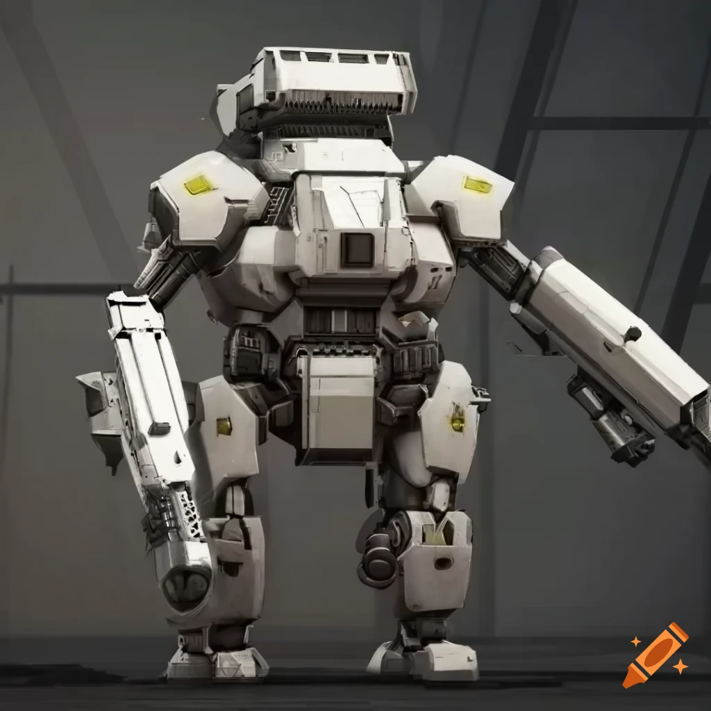 Cinematic sci-fi image of a white prototype mech with attached weapons