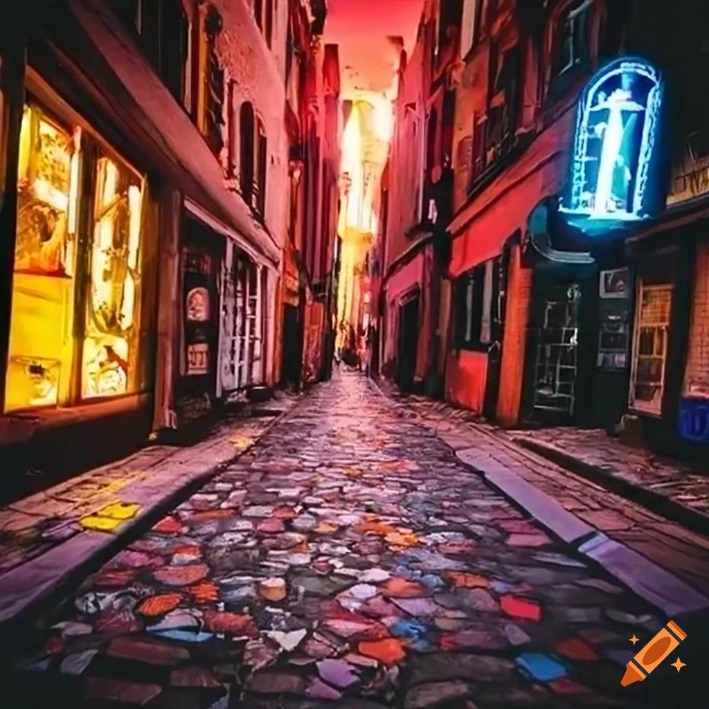 Colorful street with peace signs and flower power on Craiyon