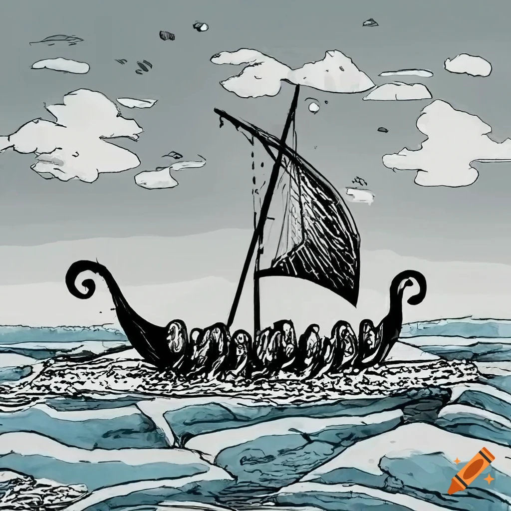 Black and white ink drawing of a viking ship sailing near a desolate ...