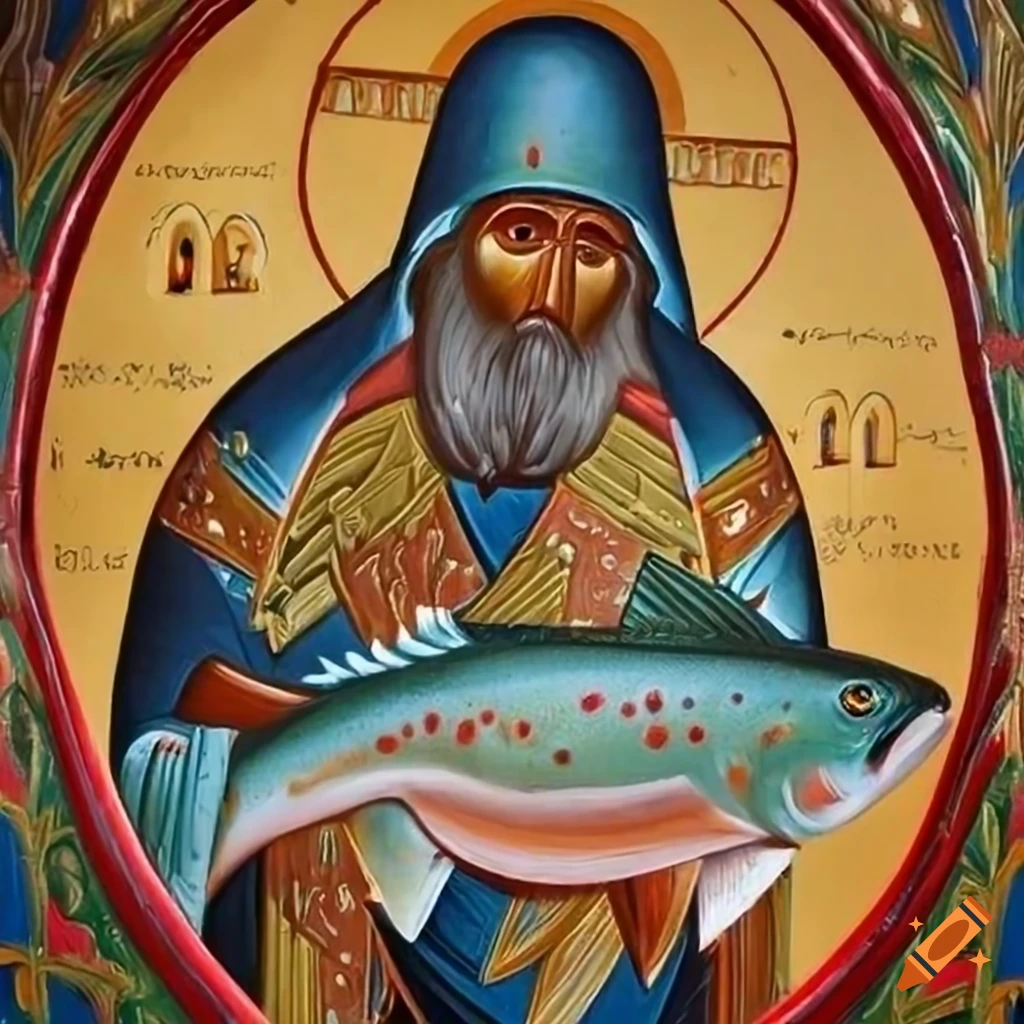 Orthodox Church icon style painting of a trout on Craiyon