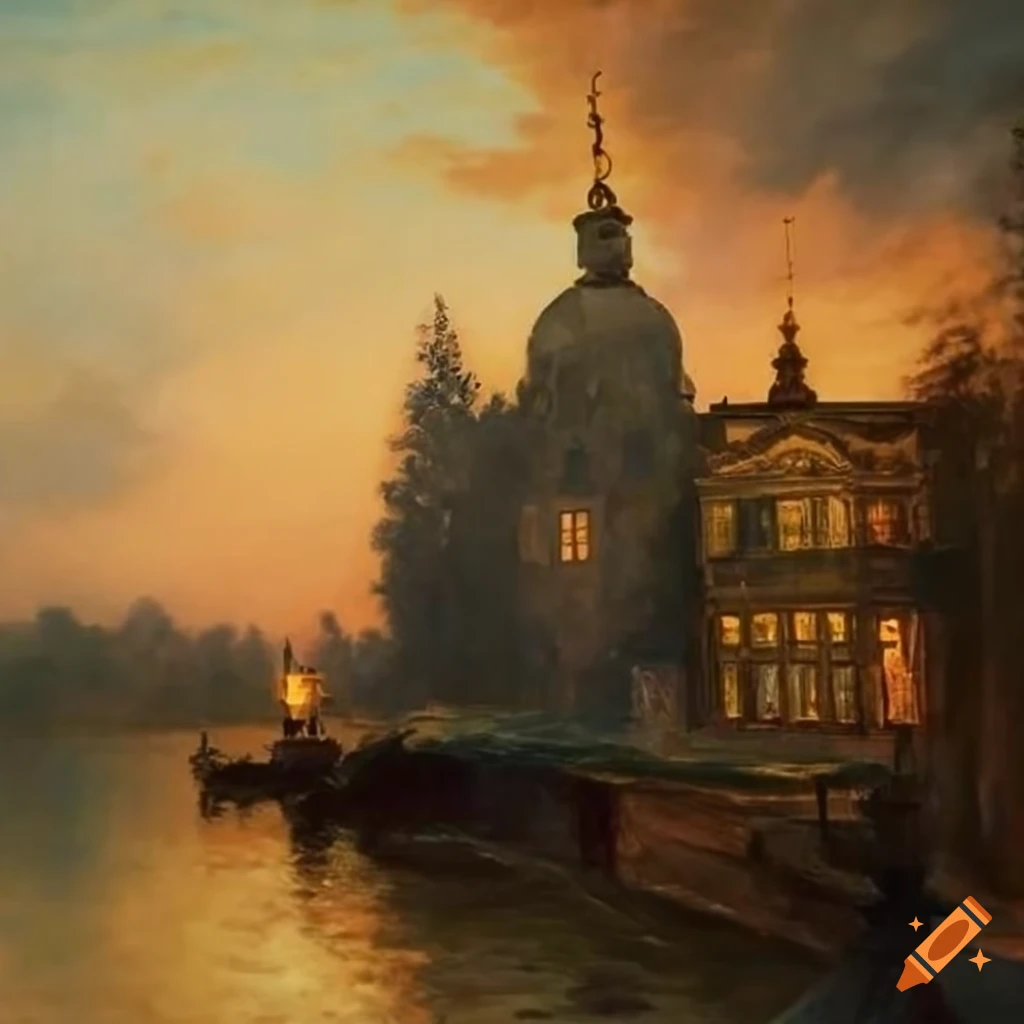 Neoclassical landscape painting with beautiful sky and lanterns