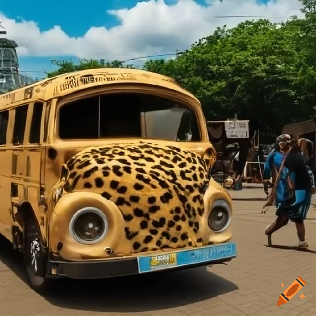 Artistic depiction of a leopard-shaped bus on Craiyon