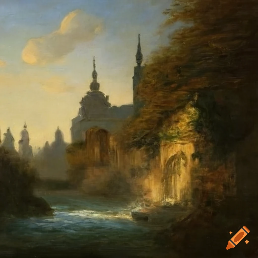 Painting of a neoclassical landscape with a house and flowing fountain ...
