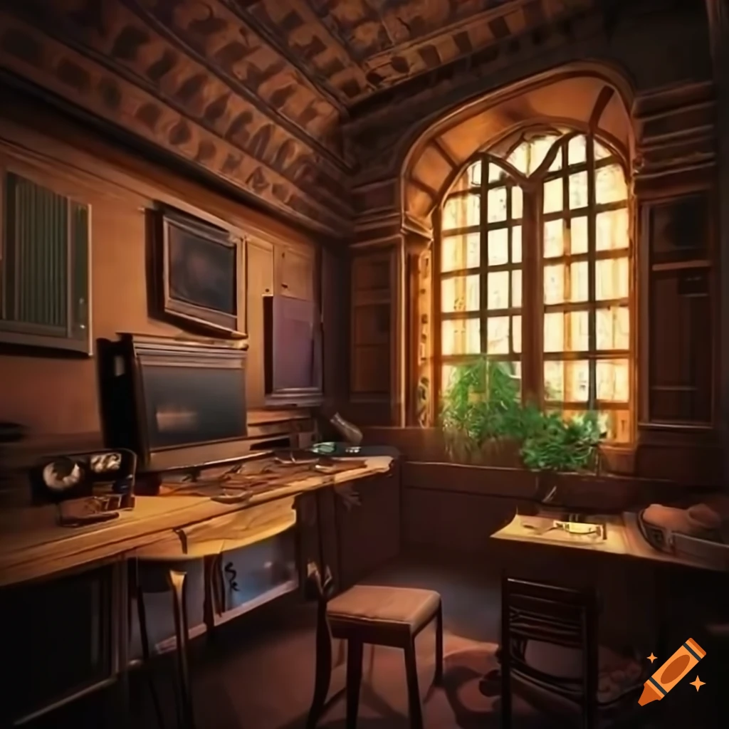 Study room with a herbal garden and medieval kitchen on Craiyon