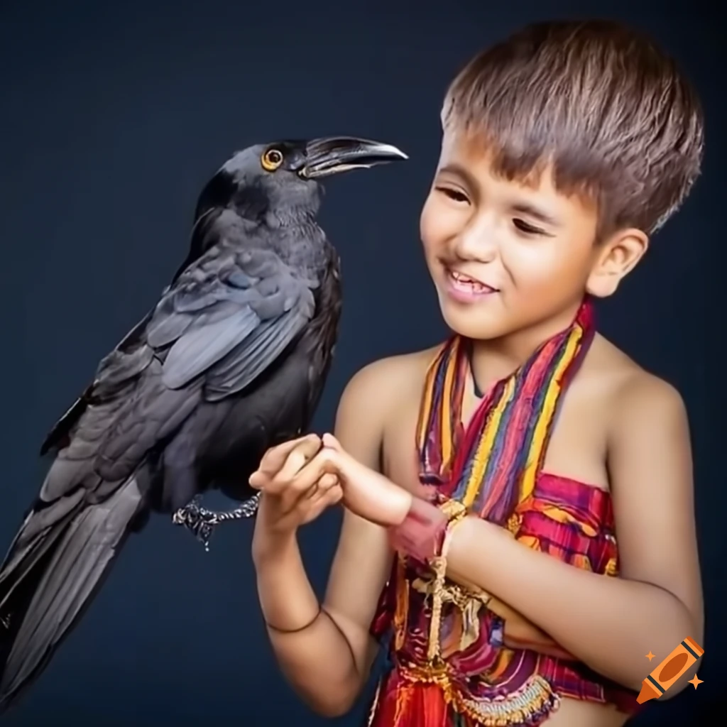 Young boy bonding with a crow