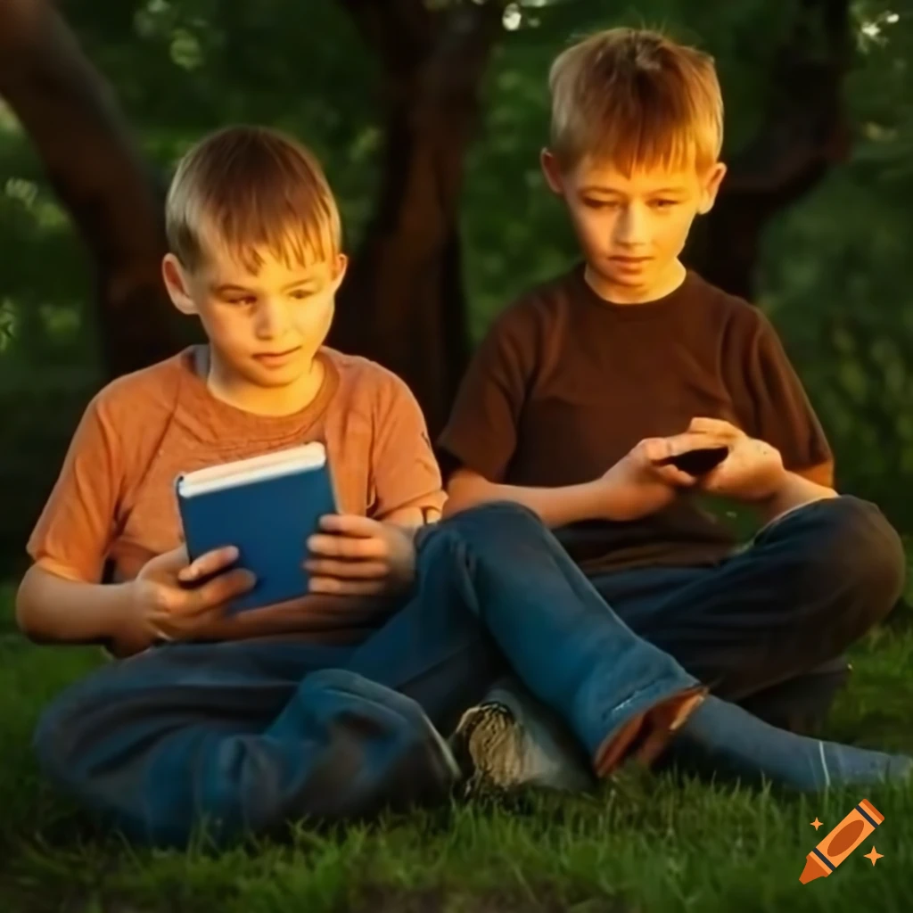 Sunset silhouette of two boys, one reading a book, the other using a ...