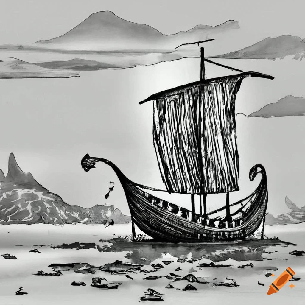 Black and white ink drawing of a viking ship wrecked on an island on ...