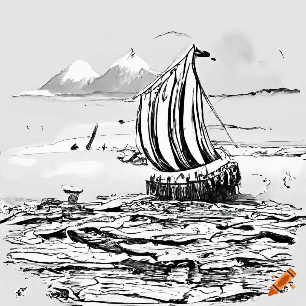 Black and white ink drawing of a viking ship sailing near an icy island ...