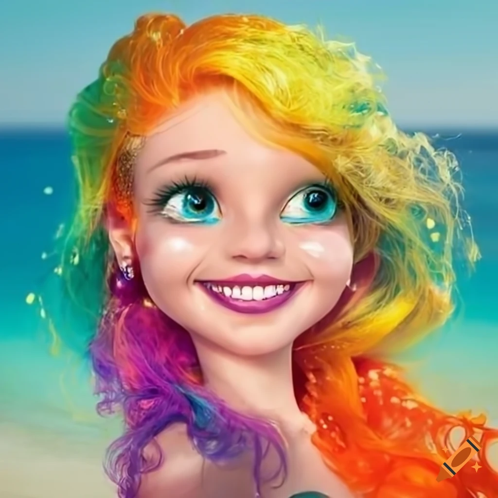 Portrait of a smiling little mermaid with yellow and red hair on Craiyon