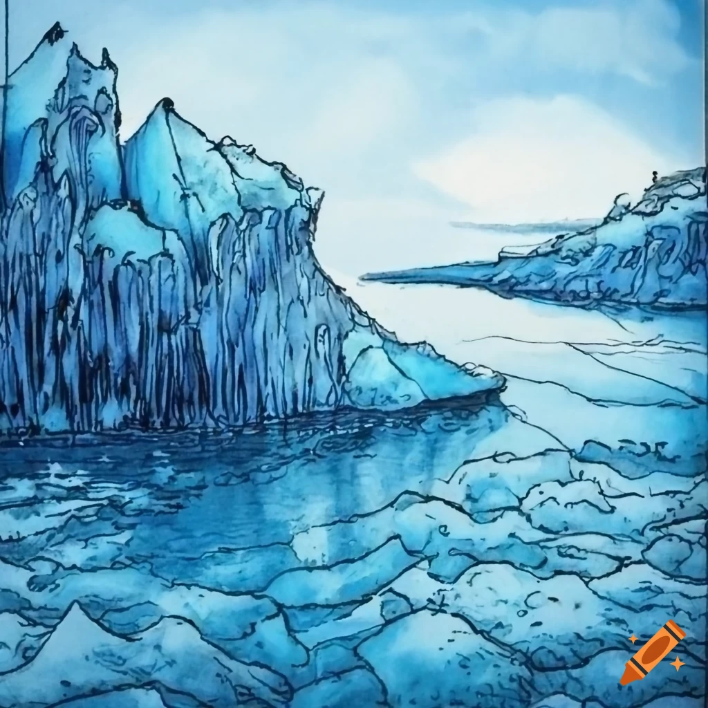 Ink pen drawing of a stormy sea with an island