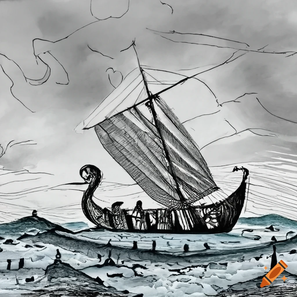Black and white ink drawing of a viking ship sailing in icy waters on Craiyon