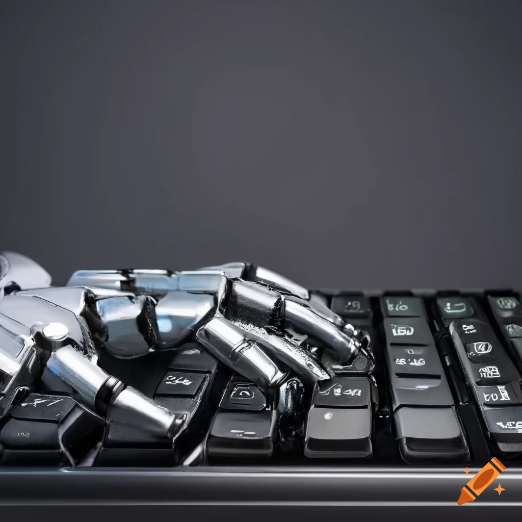Side view of a metallic robot hand typing on a black keyboard on Craiyon