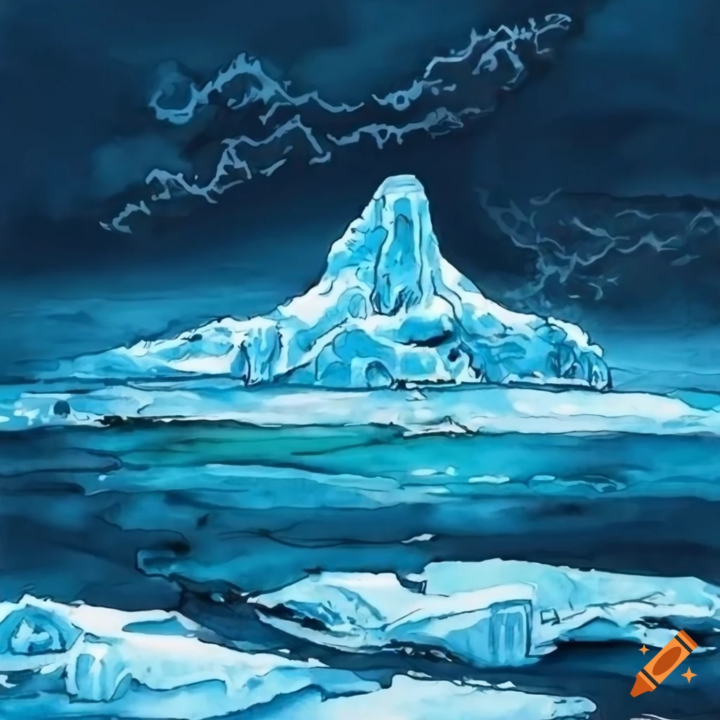 Ink drawing of a desolate island in a stormy ocean